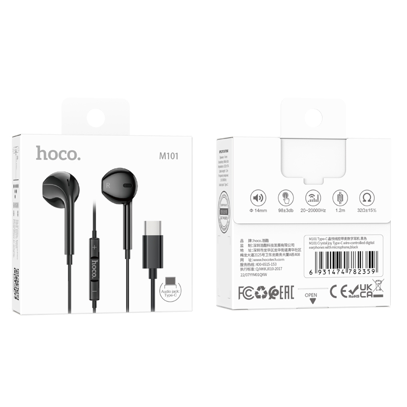 Hoco M101 Crystal Joy Type-C Wired Earphone Black